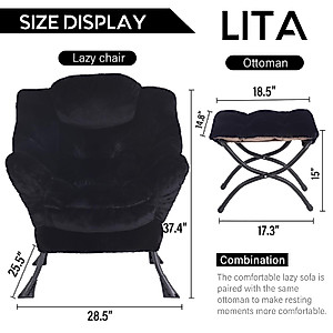 LITA Lazy Chair with Ottoman, Modern Accent Leisure Upholstered Sofa Chair, Lounge Reading Chair with Armrests and a Side Pocket for Living Room, Bedroom & Small Space, Plush Black