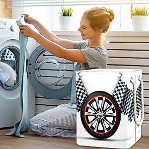 Large Foldable Waterproof Storage Baskets Collapsible Organizer with Carrying Handles for Nursery, Home Closet, Toys, Towels, Laundry - Checkered Racing Flag And Wheel