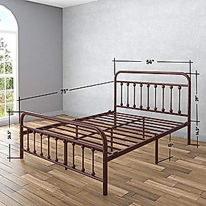 AMBEE21 Vintage Full Metal Bed Frame with Headboard and Footboard Platform/Wrought Iron/Heavy Duty/Solid Sturdy Metal Slat/Rustic Brown/No Box Spring Needed/Industrial & Farmhouse