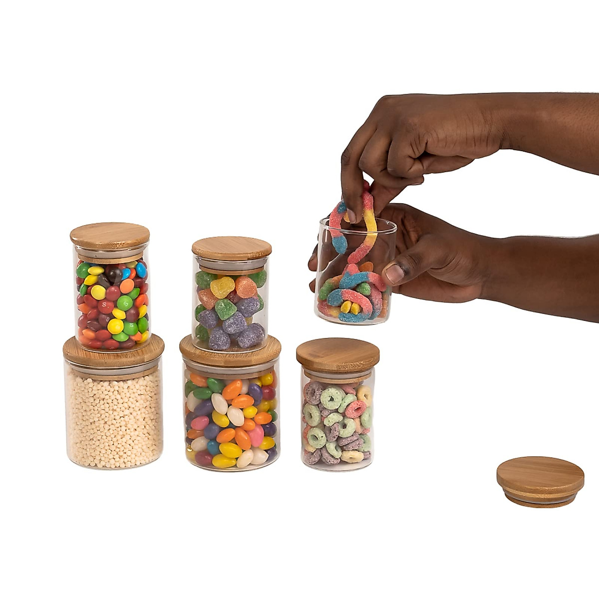 OIKOS | Hermetic Glass Storage Jars with Bamboo Lid | Multipurpose Jars, Candy Jars, Dry Food Canisters, Airtight, Variety Set, Kitchen Glass For Coffee, Flour, Sugar, Cookie, Spice | 6 Pieces, 32 OZ