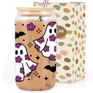 Coolife Purple Flower Ghost Halloween Cup, Cute Daisy Ghost Iced Coffee Cup, 16oz Floral Ghost Halloween Tumbler Glass Cups w/Lids Straws - Boo Basket Stuffers for Her, Halloween Gifts for Women Girl