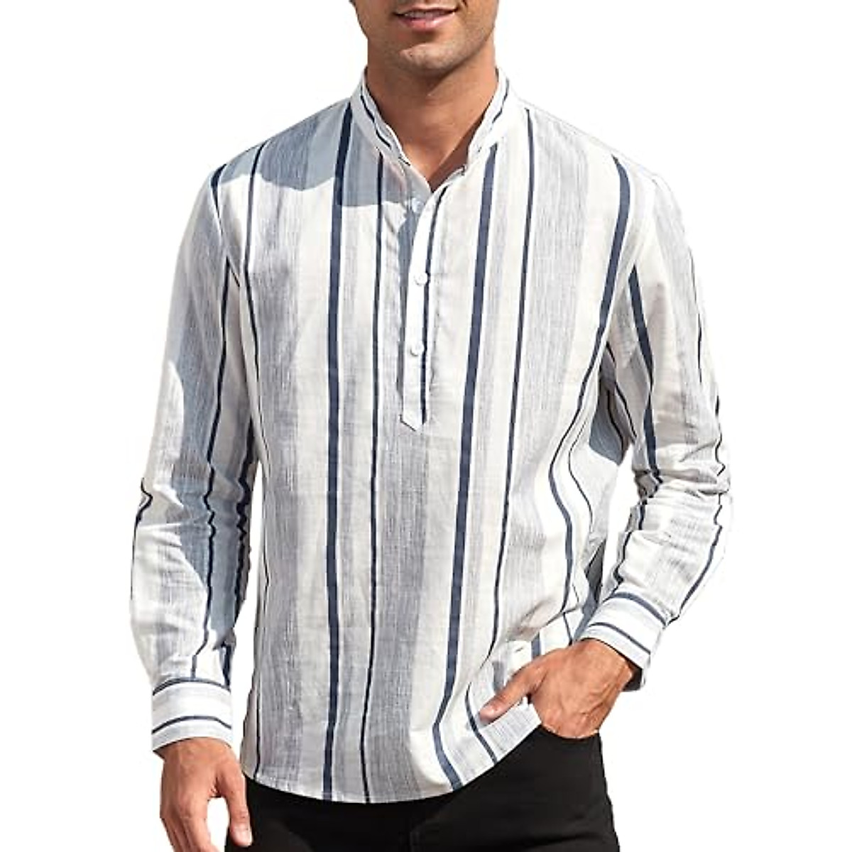 ZAFUL Men's Casual Linen Striped Henley Shirts Long Sleeve Hippie Tops T Shirts