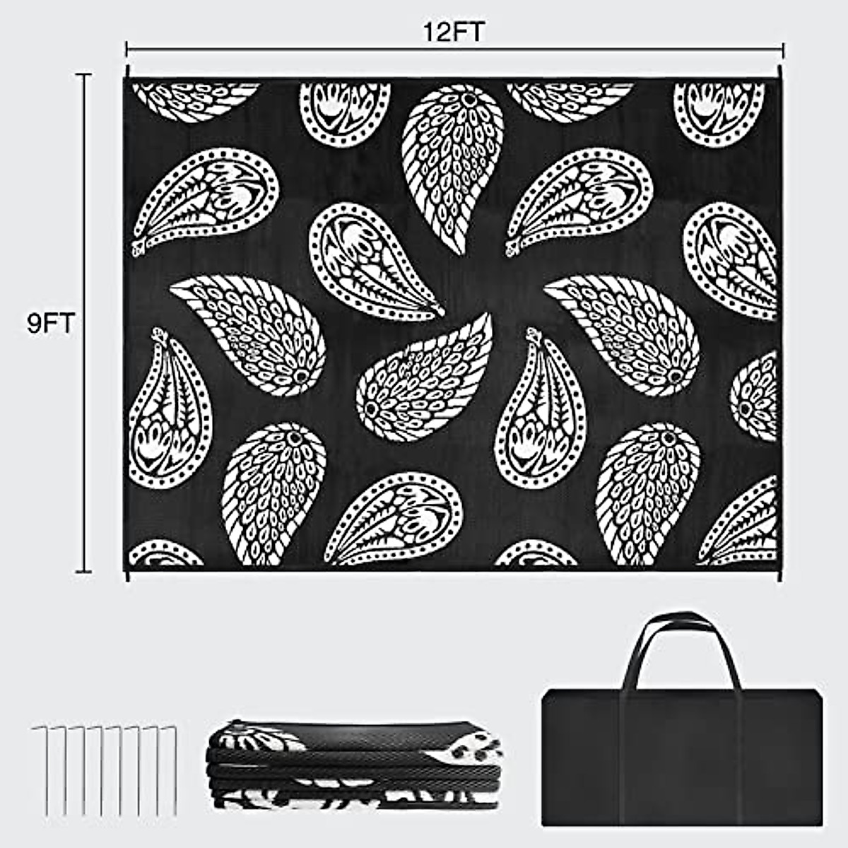 ONME Outdoor Rug RV Mat Recycled 9x12FT Reversible Mats with 8 Corner Loops for Outdoors, Patio, Backyard, Deck, Picnic, Beach, 8 Stakes and Carry Bag Included (Black and White Paisley)