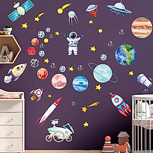 Glow in The Dark Planet and Solar System Wall Stickers for Ceiling,Glow Space Galaxy Wall Stickers Astronaut Rocket Spacecraft Alien Wall Decals for Boys Toddler Kids Bedroom Wall Decor
