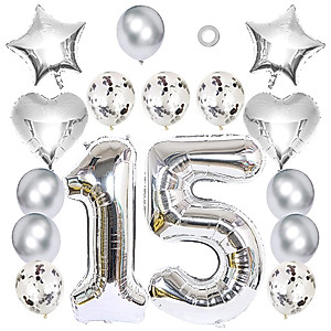 Ceqiny 40" 15th Number Balloon Mylar Balloon 18” Star Heart Foil Balloon 12” Sequins Latex Balloon for Birthday Party Wedding Bridal Shower Photo Shoot Anniversary Decor, Silver 15 Balloon Kit