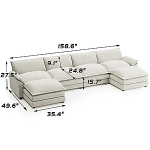 Shahoo Sectional Modular Sofa U Shaped Chenille Fabric Couch with High Supportive & Soft Sponges and Removable Ottoman, Sleeper Comfy Upholstered Furniture for Living Room, White