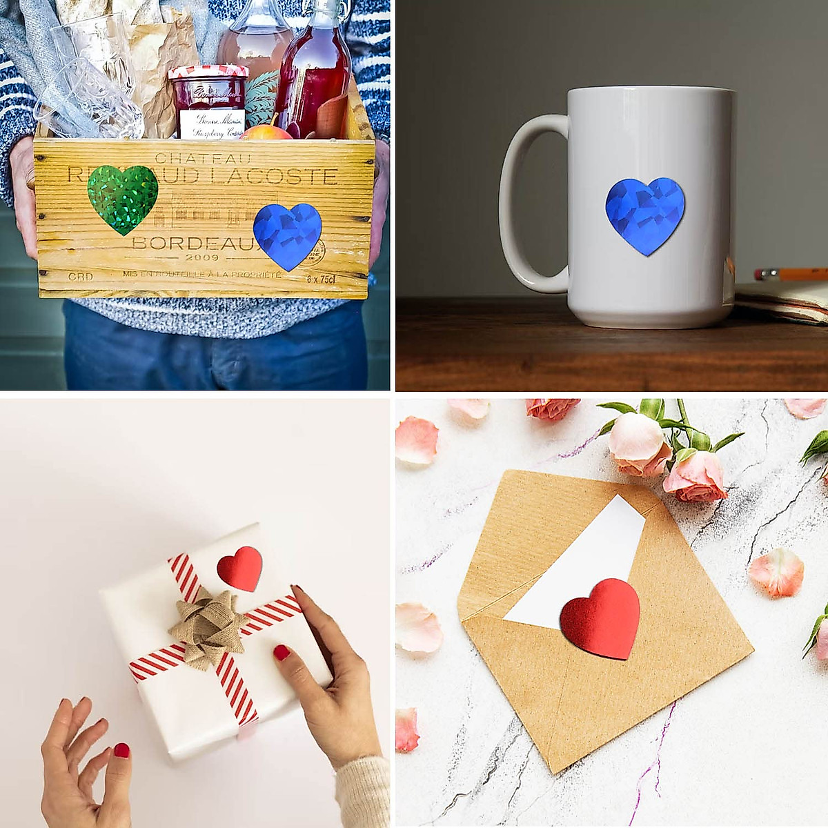 Hearts Stickers, 1500 PCS Glitter Valentine Stickers, 1” Red Blue Green Roll Self Adhesive Heart Shaped Love Labels for Adult Kids Valentine's Day Anniversaries Wedding Envelope Seal Decoration Decor