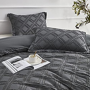 Maple&Stone Queen Duvet Cover Set, 3 Pieces Textured Tufted Boho Bedding Sets Zipper Closure Design with Ties, 1 Duvet Cover + 2 Pillow Shams, Comforter NOT Included (Dark Grey, Queen Size)