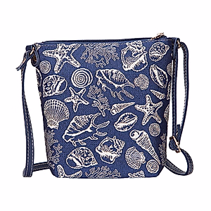 Signare Tapestry Small Crossbody Bag Sling Bag for Women with Navy Blue Sea Shell Design (SLING-SHELL)