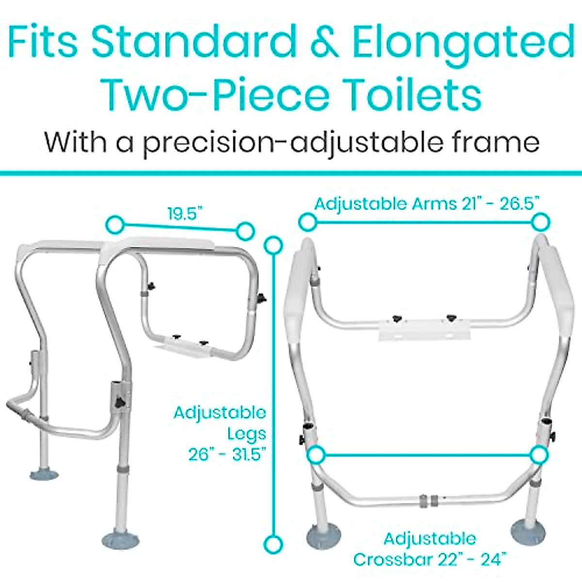 Vive Toilet Safety Rail Frame - Grab Bars for Bathroom - Fall Prevention - Adjustable Non Slip for Adults, Seniors, Elderly, Disabled, Handicapped - Padded Handle Support - Medical Device for Home Use