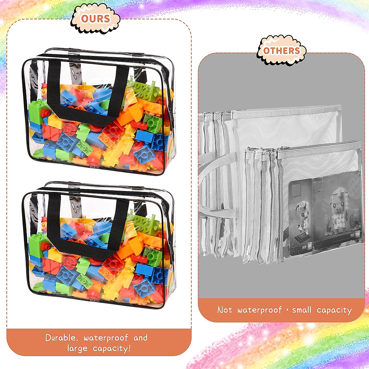 10 Packs Large Toy Storage Bags with Labels, Waterproof Clear PVC Storage Bags for Toys, Travel Organizer Bags with Zipper Closure for Puzzles, Building Blocks, Kids' Books