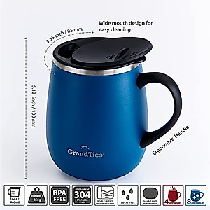GRANDTIES Insulated Coffee Mug with Handle - Sliding Lid for Splash-Proof 16 oz Wine Glass Shape Thermos Tumbler with Double Walled Vacuum Stainless Steel to Keeps Beverages Hot or Cold - Cobalt Blue