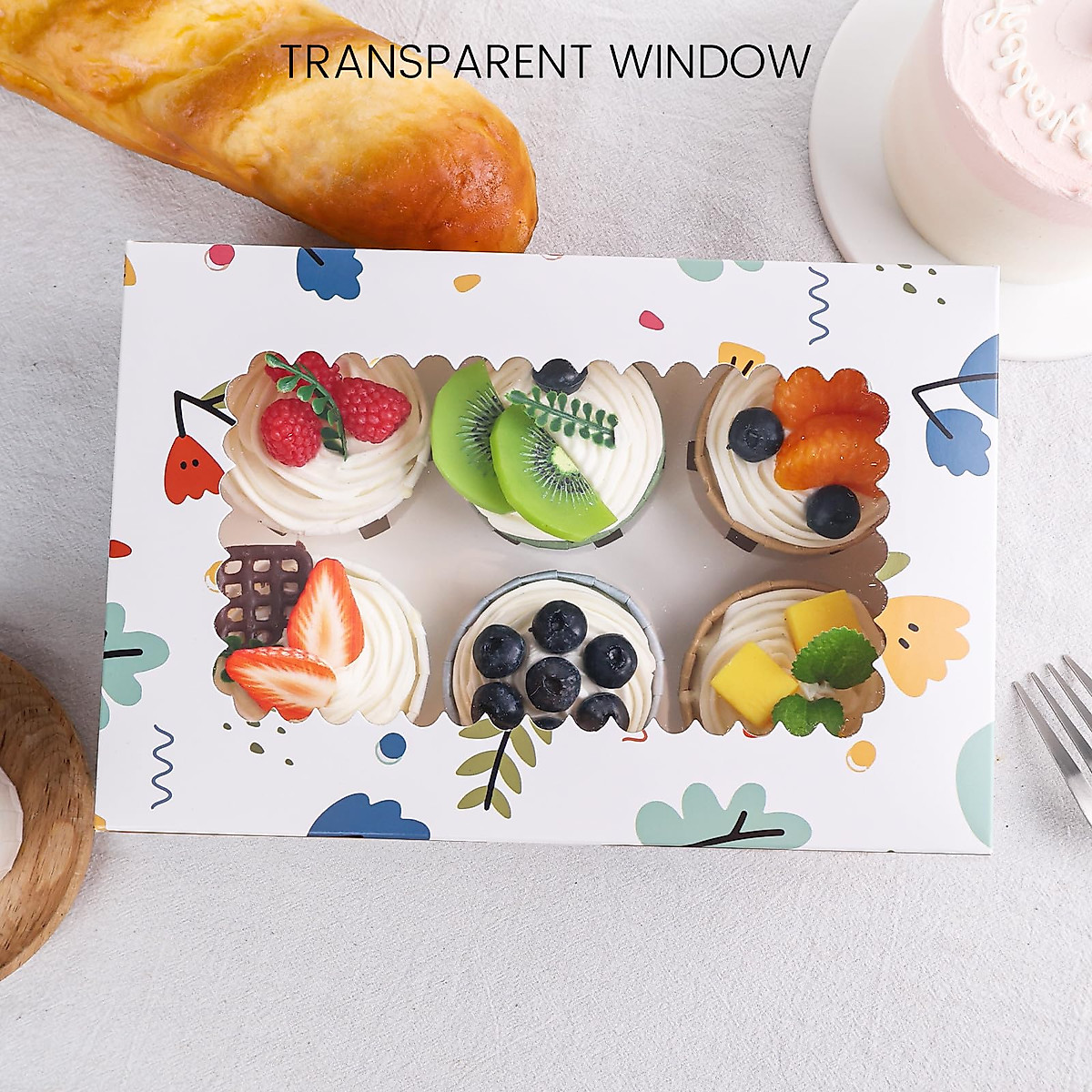 JOHOUSE 6 Count Cupcake Boxes, 6 Sets Cupcake Container with Windows and Inserts Bakery Boxes for Cupcakes Muffins Cookies 9.5" x 6.3" x 3"