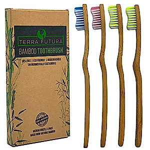 Terra Futura Bamboo Toothbrush 4 Pack, Ergonomic Toothbrush. Eco Friendly, Biodegradable & Environmentally Sustainable, BPA Free Bristles, Eco Compostable Toothbrush