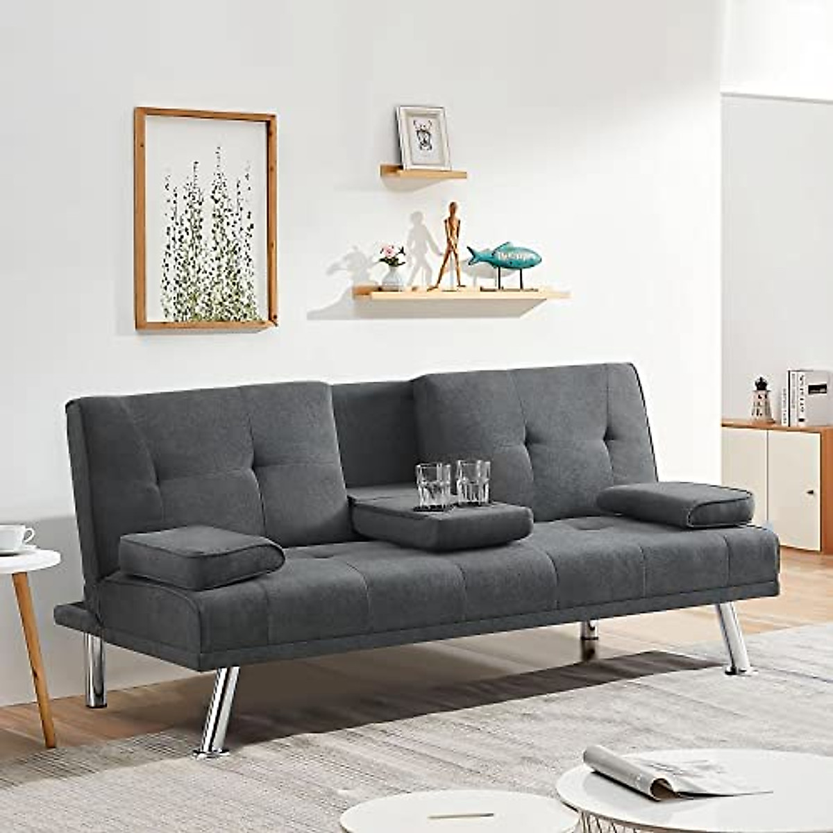AWQM Modern Futon Sofa Bed Upholstered Convertible Folding Sofa Couch Sleeper for Compact Living Space, Apartment, Dorm,Removable Soft Armrest, 2 Cup Holders, 65.7" L x 18.5" D x 29.9" H, Dark Grey