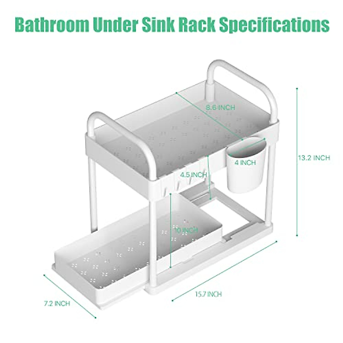 2 PACK Under Kitchen Sink Organizers and Storage, 2 Tier Under Sink Organizer for Bathroom Cabinet, Undersink Organizer Sliding Drawer with Hooks, Hanging Cup for Narrow Space By SMATHOM, White