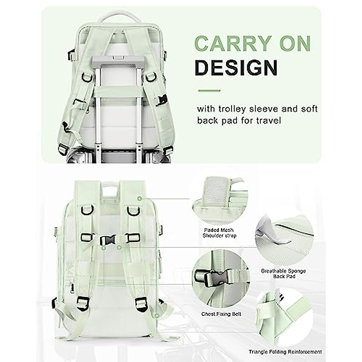 Large Travel Laptop Backpack, Expandable Flight Approved Backpack, Carry on Backpack for Women, Waterproof 17inch Laptop Hiking Backpack with Shoe Compartment, Mint Green