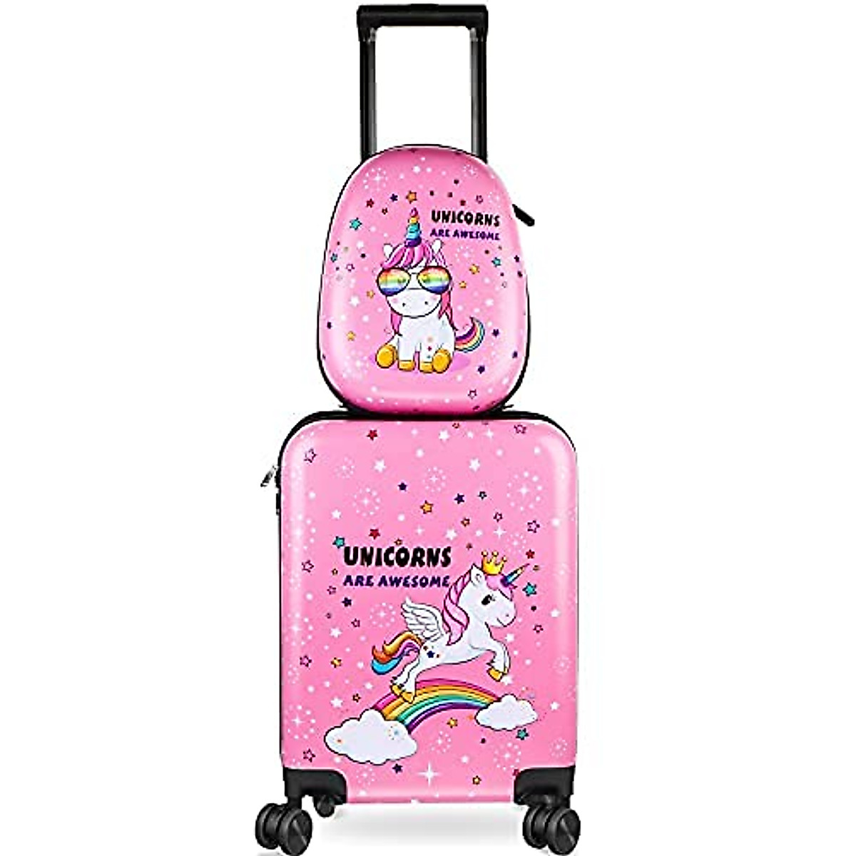 Weewooday Kids Luggage and Backpack 18" Suitcase with Spinner Wheel Hard Case Travel 13" Backpack Girl Suitcase Set for Kids Travel Supplies(Pink,Unicorn Style)