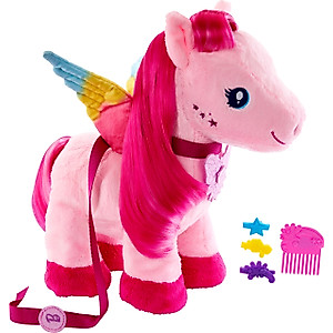 Barbie A Touch of Magic Stuffed Animals, Walk & Flutter Pegasus Plush, 11-Inch Walking Plushie with Hair Accessories and Sound Feature