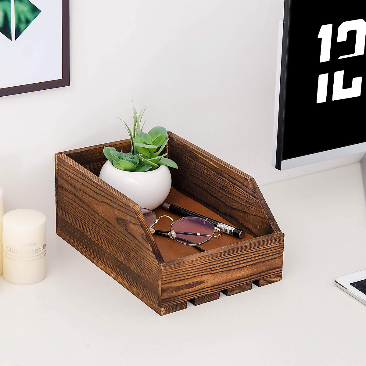 Liry Products Rustic Brown Wood Paper Nesting Tray Stackable Document Storage Crate File Organizer Tabletop Wooden Box Basket Letter Holder Folder Rack Container Desktop Home Office Supplies