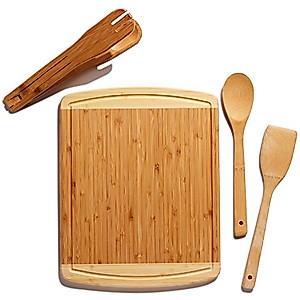 Bamboo Cutting Board Housewarming Gift Set - With Bonus 3-Piece Cooking Utensils - Wooden Spoon, Salad Tongs and Wood Spatula - Mother's Day, Wedding & Kitchen Gadgets Gift Idea