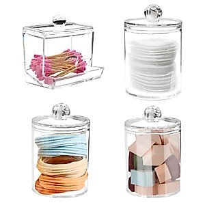 4 Pack Qtip Holder Dispenser, Swab Organizer with Lids, Clear Plastic Apothecary Jar, Vanity Makeup Organizer and Storage, Bathroom Organizers and Storage for Cotton Ball, Cotton Swab, Pads, Floss