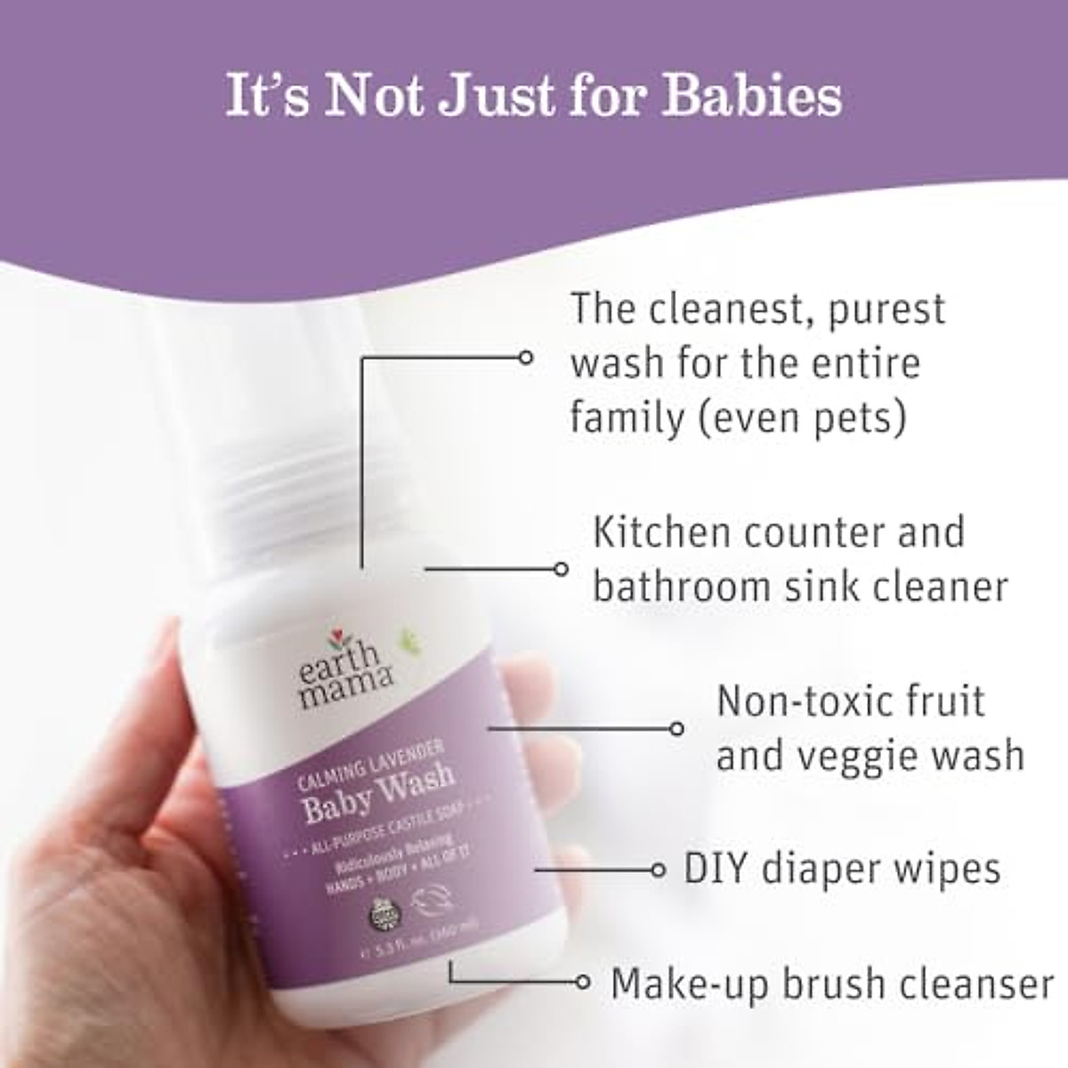 Earth Mama Calming Lavender Baby Wash Liquid Foaming Hand Soap, Organic All-Purpose Lavender Body Wash for Sensitive Skin, Castile Soap with Coconut Oil, Shea Butter, Calendula, & Aloe, 5.3 Fl Oz