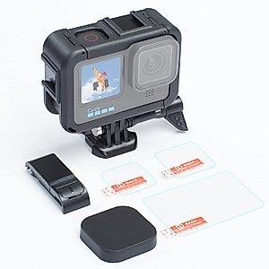 SEASKY 4 in 1 Accessories Kit for Gopro Hero 13/12/11/10/9 Black Extended Protective Case Cage Shell Housing+3Pcs Tempered Glass Screen Protector+Directly Chargeable Side Cover+Lens Cover Cap