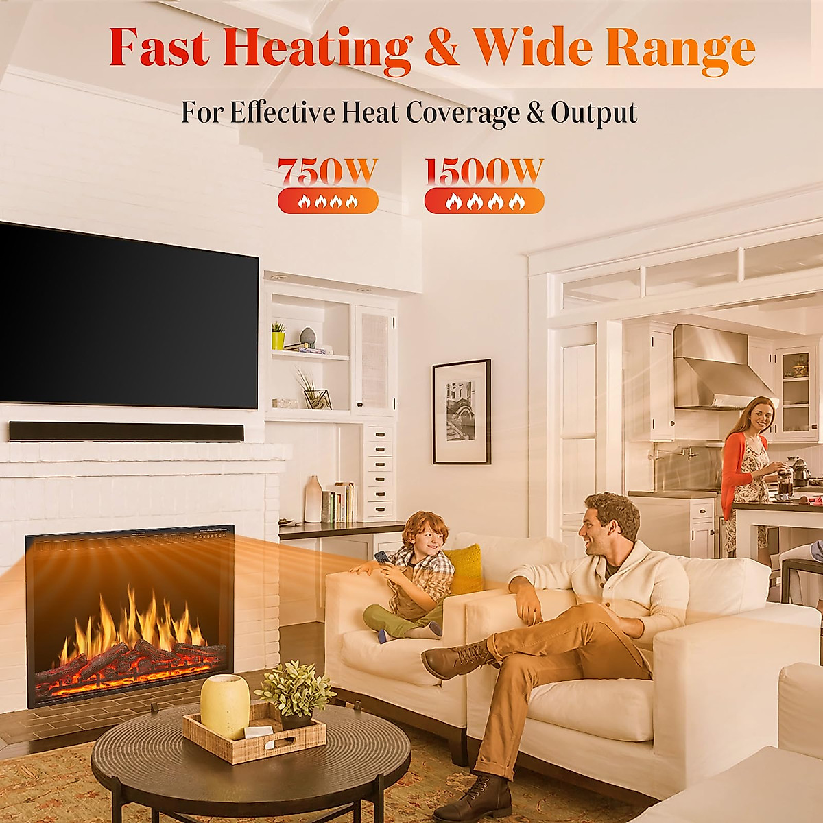 Rintuf Electric Fireplace,34" Fireplace Insert with Touch Screen, Quick Heating, Overheating Protection with Timer, Remote, Customed Display: 5 Flame Speed & 5 Color & 5 Brightness, 750/1500W, Black