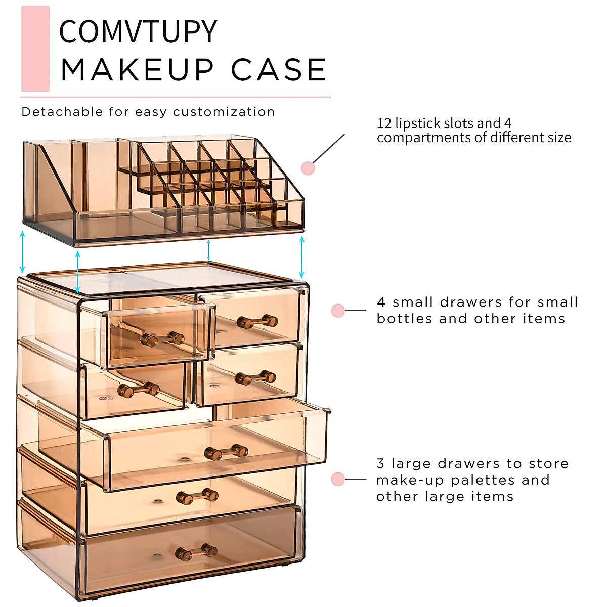 COMVTUPY Clear Makeup Organizer with Brush Holder, Large Acrylic Cosmetic Display Jewelry & Make Up Organizers and Storage for Vanity, Bathroom (3 Large, 4 Small Drawers, Brown)