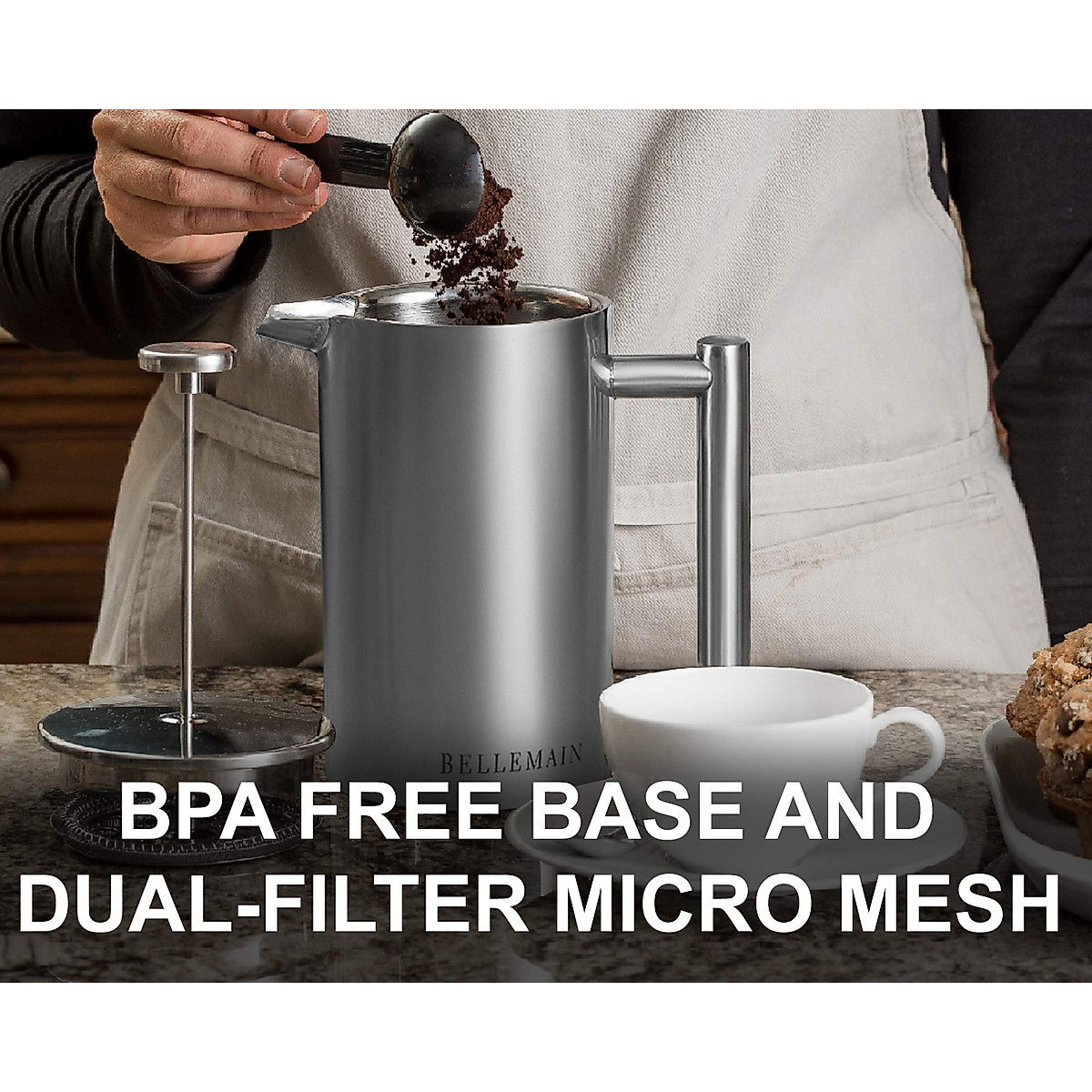 Bellemain French Press Double Walled Insulated 304 Stainless Steel Coffee Maker, (Grey, 35 oz), Micro Mesh Filtration, Extra Filter Included, No Coffee Grounds, Rust Free, Dishwasher Safe