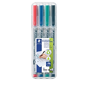 Staedtler Lumograph Non-Permanent, Wet Erase Marker Pens, Medium Tip Refillable Colored Markers, 4 Pack, 315 WP4