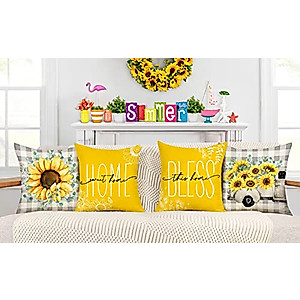 Spring Summer Pillow Covers 18x18 Set of 4 Sunflower Decorations for Farmhouse Pillows Home Sweet Home Bless This Home Decorative Throw Pillows Yellow Gray Throw Cushion Case for Home Decor TH169