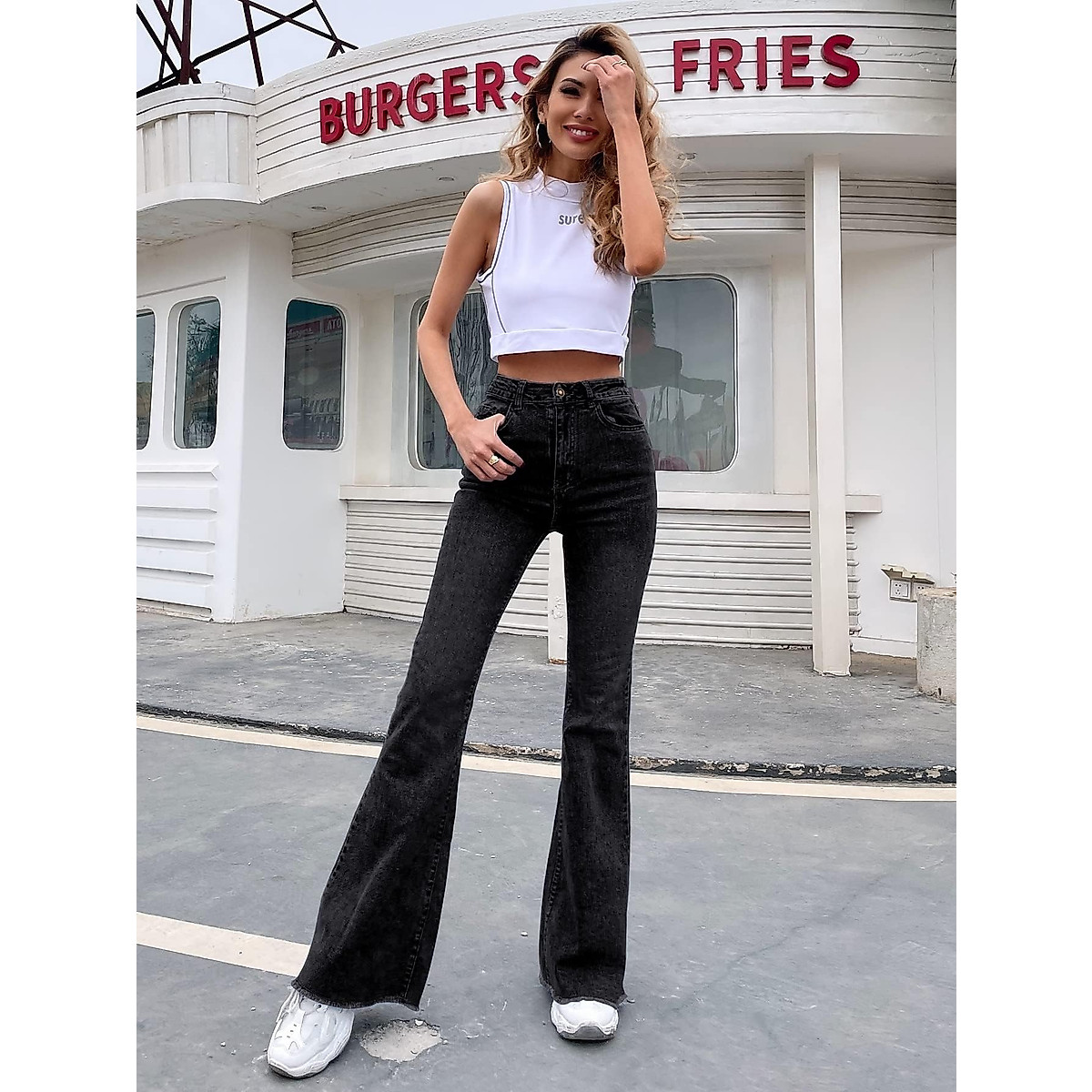 Floerns Women's High Waisted Flare Jeans Frayed Raw Hem Bell Bottom Denim Pants Black L