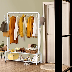 Simple Houseware Garment Rack with Storage Shelves and Coat/Hat Hanging Hooks, White