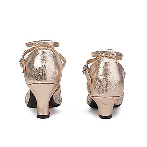 TINRYMX Women's Ankle Strap Closed Toe Glitter Latin Salsa Tango Dance Shoes Party Ballroom Dance Shoes,Rose Gold-Suede Sole, 7 B(M) US