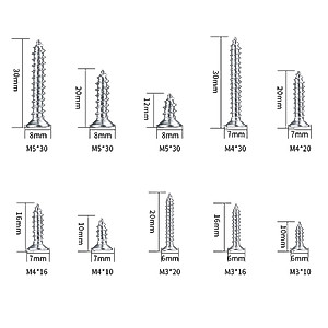 wugongshan 250G Self Tapping Screws Assortment Fasteners Set, M3/M4/M5 Sheet Metal Screws Fasteners Kit, Round Drive Flat Countersunk Head Wood Screws for Woodworking - 10 Sizes