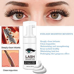 Shmian Lash Shampoo for Lash Extensions, 50ml Eyelash Foam Cleanser and 50 Pcs Eyelash Brush and Rinse Bottle Mini Fan Oil Free/Sulfate Free Eyelash Wash Remover For Eyelash Extension Makeup Removel