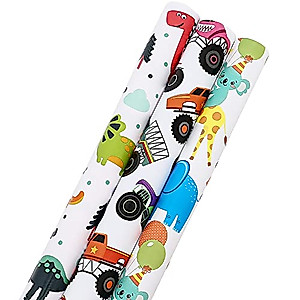 BULKYTREE Birthday Wrapping Paper for Boys Kids, Recycled Gift Wrapping Paper, Happy Animals, Cute Dinosaur, Monster Truck Gift Wrap for Birthday Baby Shower and Holiday - 3 Pack, 18 x 120 Inch Per Roll