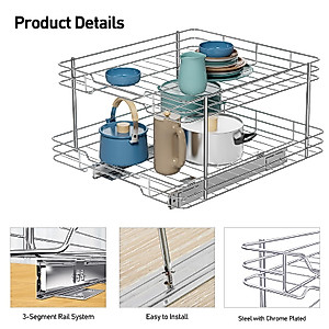 Lxmons 2 Tier Pull-out Cabinet Organizer, 20" W x 21" D Kitchen Under Sink Organizer, Slide Out Home Spice Rack Storage for Pots and Cans, Drawer Pantry Shelf Organization for Bathroom Base, Chrome