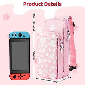 RHOTALL Pink Travel Bag for Nintendo Switch/Lite/OLED,Large Capacity Portable Carrying Case Compatible for Chest Shoulder Accessories Storage Backpack with12 Slots Game Case,Thumb Grip Caps-Sakura