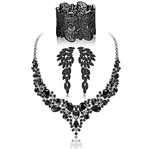 JOERICA Black Crystal Bridal Wedding Jewelry Set for Women Black Rhinestone Necklace Bracelet Earrings Set Bridal Jewelry Set for Wedding