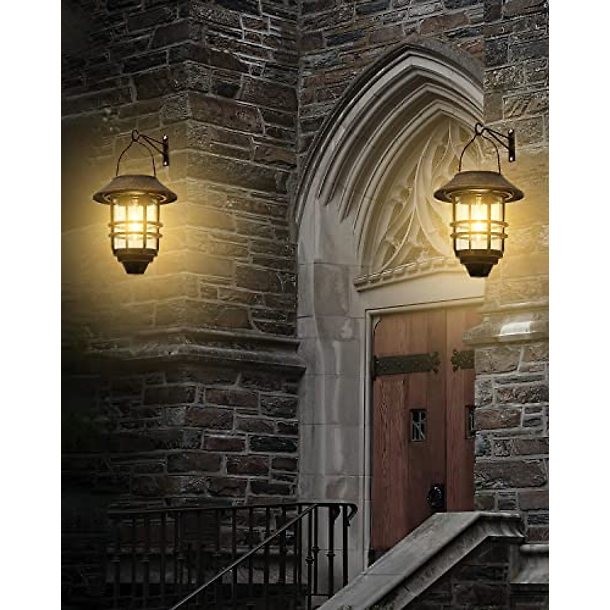 Solar Lanterns Outdoor Solar Lights Waterproof Solar Outdoor Light Hanging, Metal Heavy Glass & Stainless Outdoor Solar Wall Lantern ,for Fence Porch 2 Pack