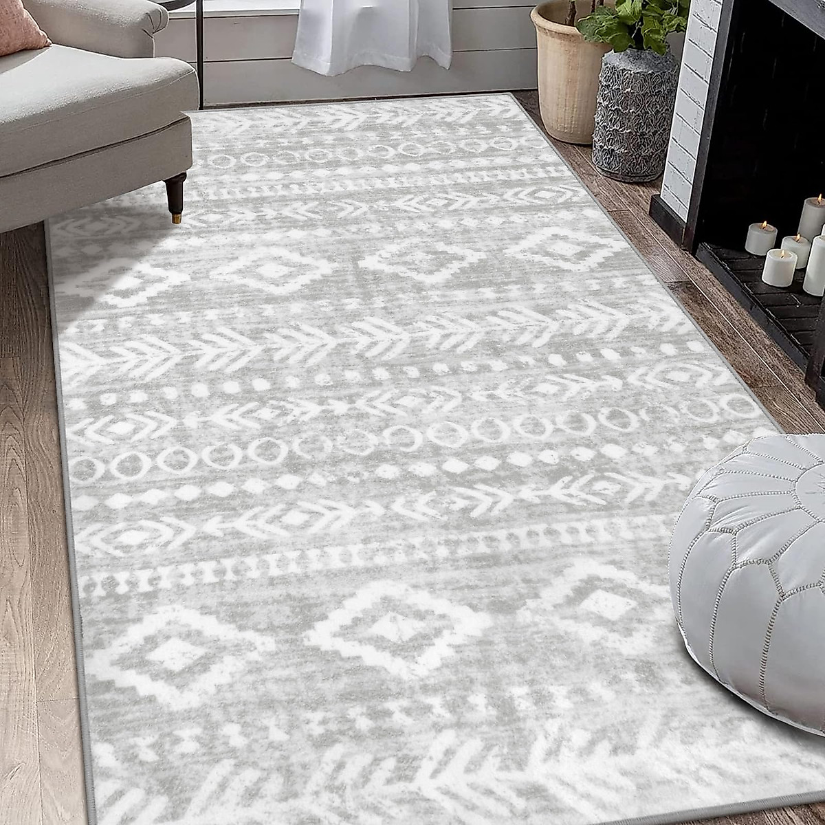 Lahome Boho Moroccan Area Rugs 5x7, Washable Grey Rugs for Bedroom Non-Slip, Low-Pile Soft Tribal Print Living Room Rug, Non-Shed Neutral Geometric Indoor Carpet for Office Playroom Dining Room