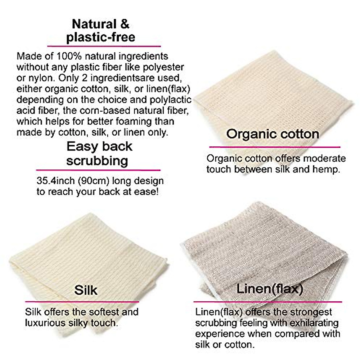 Exfoliating Washcloth [Made in Japan] Shower Back Scrubber, Plastic-Free 100% Natural and Plant-Based Loofah [Eco Friendly Loofah for Women and Men] (3pcs Set (Cotton, Linen and Silk))