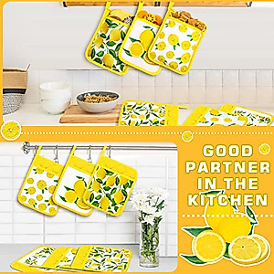 6 Pcs Pot Holders for Kitchen Heat Resistant Yellow Lemon Design Pot Holders with Hand Pockets and Hanging Loops Cotton Hot Pads Dual Function for Kitchen, Cooking, Baking, Grilling, Gifting