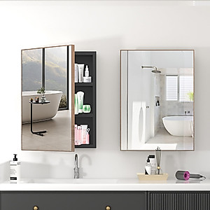 Gold Bathroom Medicine Cabinet with Mirror, Square Rectangle Single Door Recessed or Surface Wall Mounted Aluminum Bathroom Medicine Cabinet, Modern Vanity Mirror 16" W x 22" H