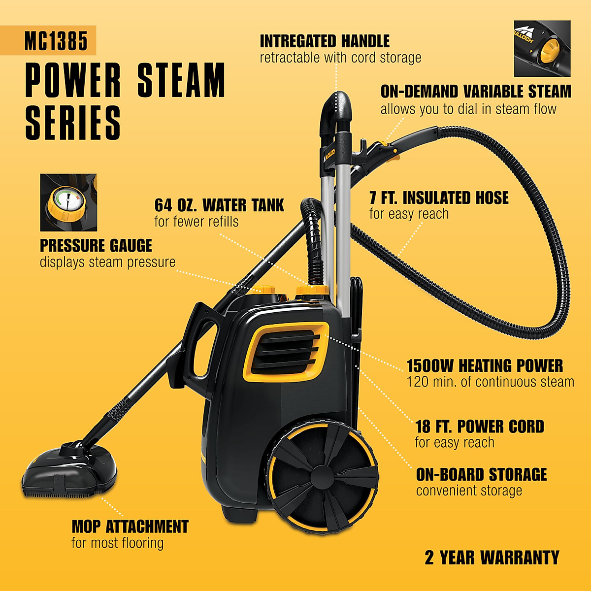 McCulloch MC1385 Deluxe Canister Steam Cleaner with 23 Accessories, Chemical-Free Pressurized Cleaning for Most Floors, Counters, Appliances, Windows, Autos, and More, 1-(Pack), Black