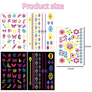 8 Large Sheets Neon Temporary Tattoos Glow In The Dark Neon Tattoos for Party Decoration Fake Tattoos UV Blacklight for Adults Kids Birthday Party Decoration