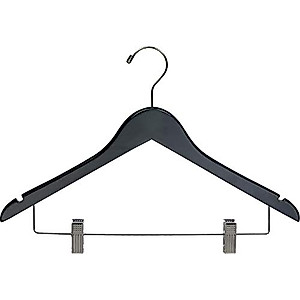 Black Wooden Combo Hangers with Adjustable Cushion Clips, Space Saving Flat 17 Inch Hanger with Chrome Swivel Hook & Notches (Set of 25) by The Great American Hanger Company